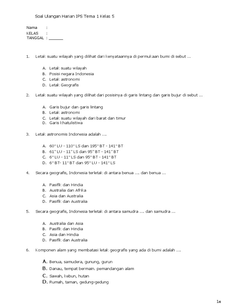 Soal UH IPS Tema 1 Kls 5 | PDF