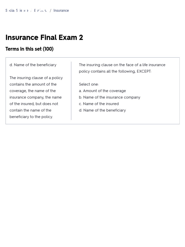 Insurance Final Exam 2 Flashcards | PDF | Insurance | Life Insurance