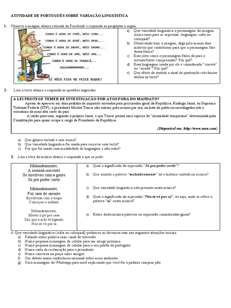 Atividade de Português Sobre Variação Linguística | PDF | Comunicação ...
