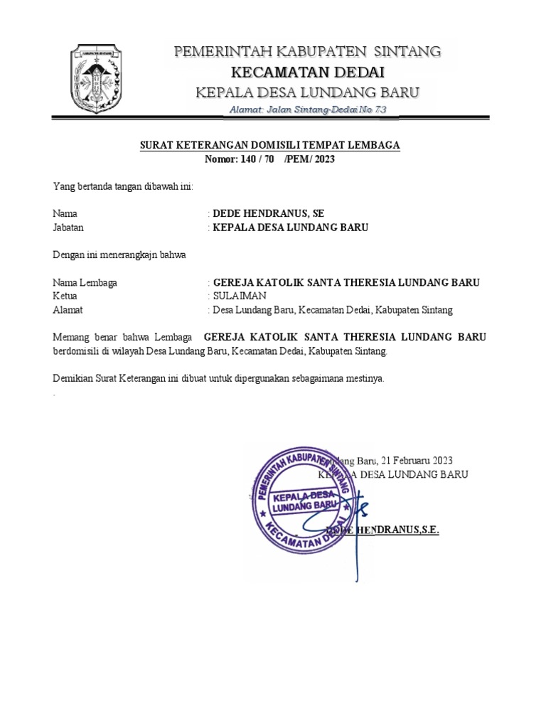 Surat Domisili Gereja Katolik Sintang | PDF