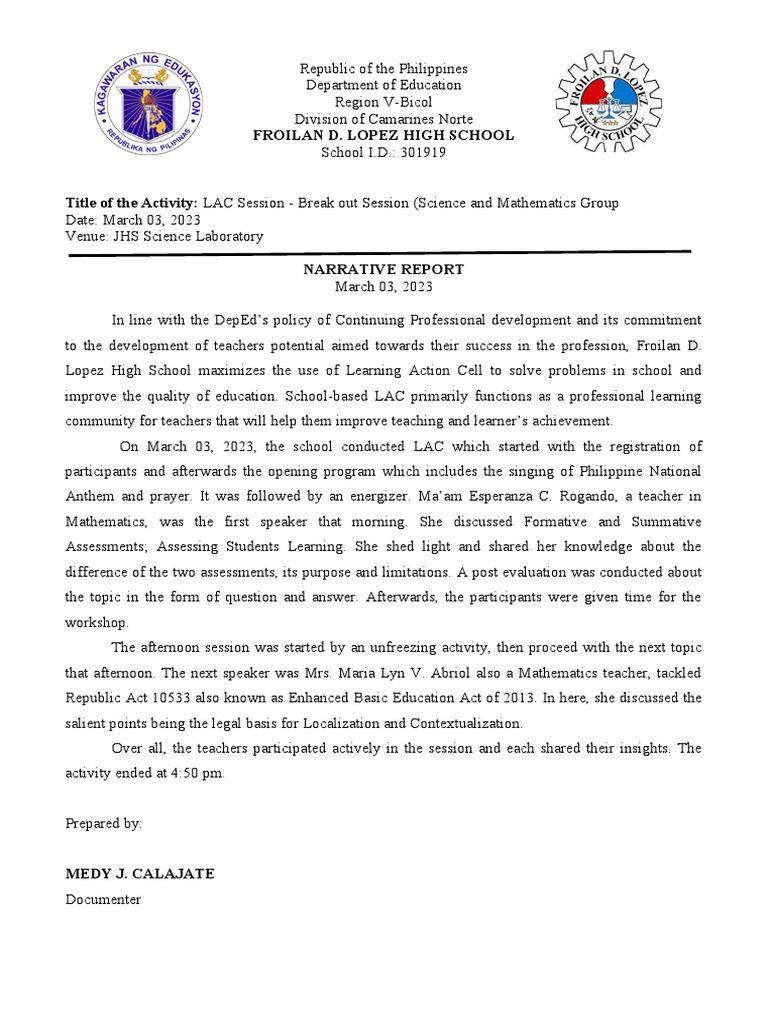 LAC Session Report: Science & Math 2023 | PDF | Wellness | Science ...