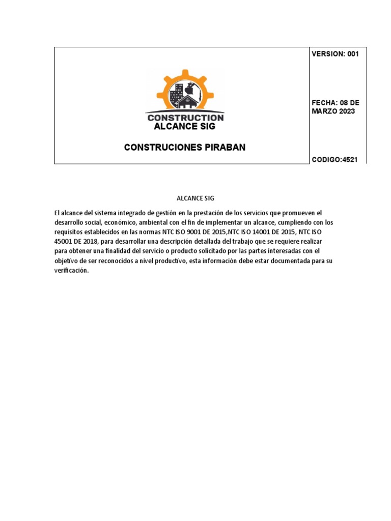 Alcance del SIG en Construcciones Piraban | PDF