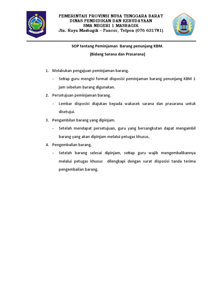 SOP Tentang Peminjaman Barang Penunjang KBM 1617 | PDF