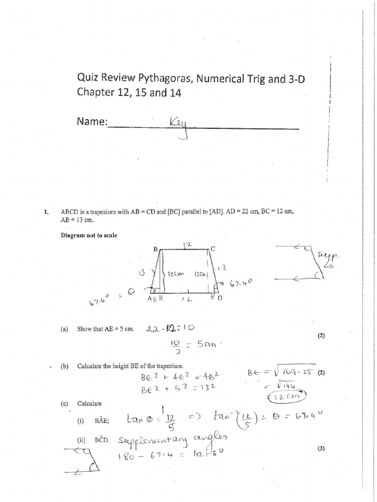 Quiz Review Key Geom Trig 3D | PDF