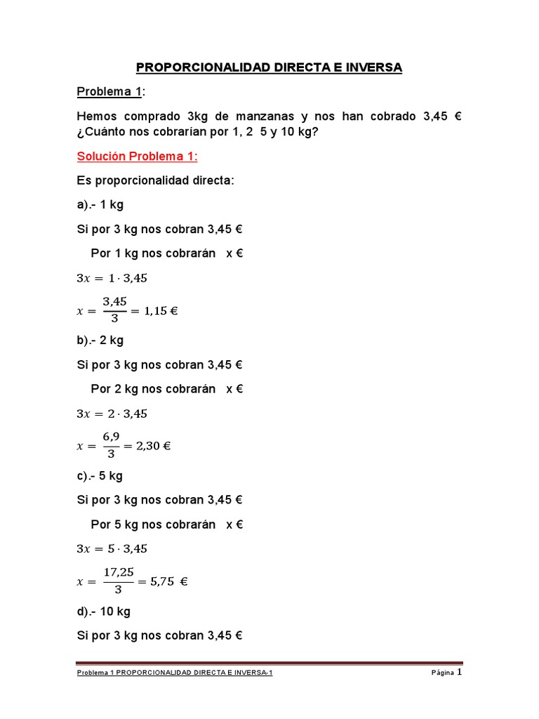 Solucic3b3n Proporcionalidad Directa e Inversa 1 | PDF