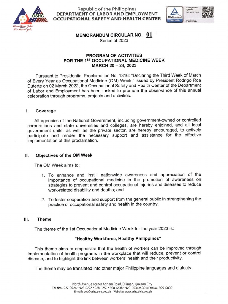 OSHC MC No. 01, S. 2023, Program of Activities For The 1st OM Week PDF ...