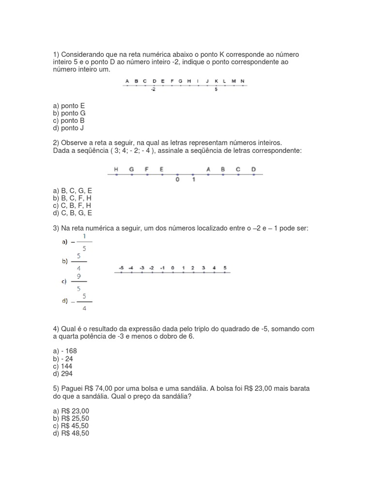 Exercícios Reta Numérica 8 e 9 Anos | PDF