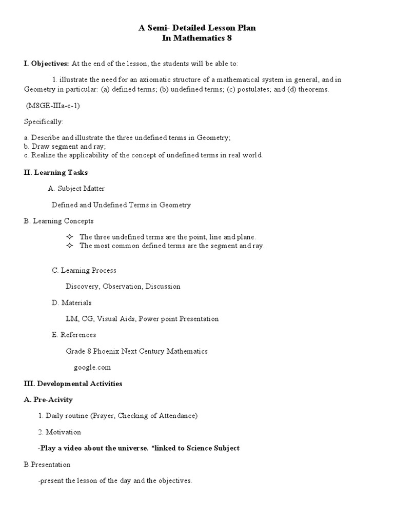Lesson Plan On Defined and Undefined Terms | PDF | Geometry | Line ...