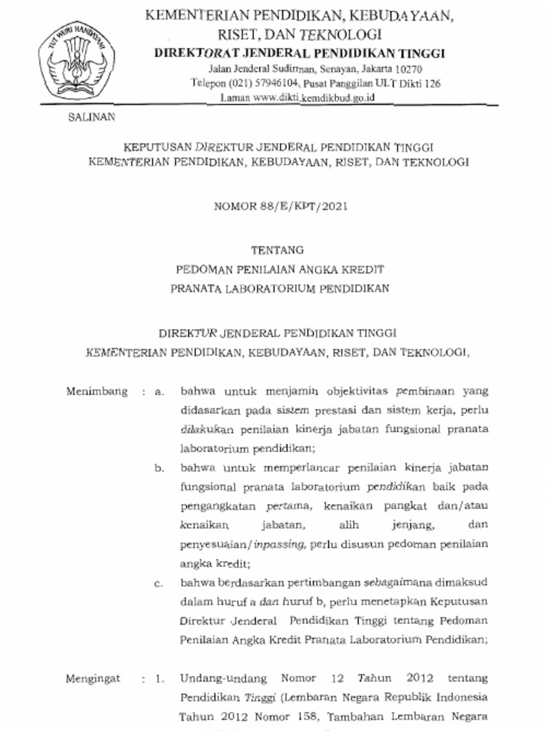 Salinan Kepdirjendikti Nomor 88 - E - KPT - 2021 Tentang Pedoman Penilaian Angka Kredit Pranata ...