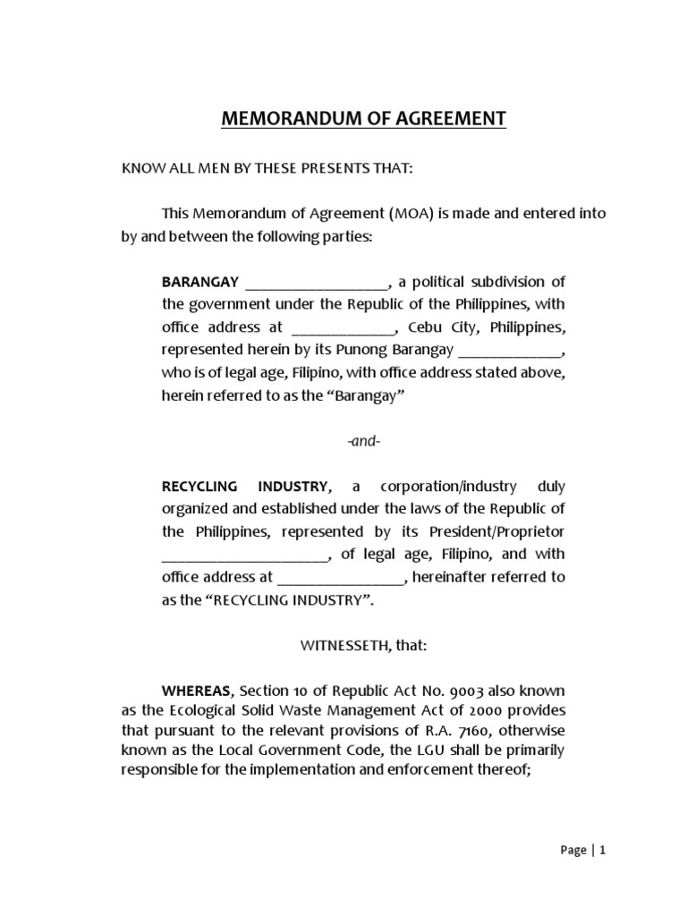 Memorandum of Agreement (Barangay and Recycler) | PDF | Waste ...