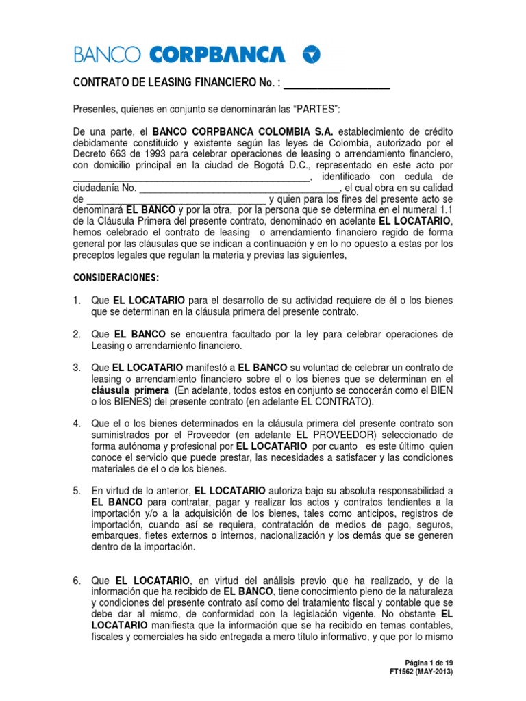 Formato-Leasing-Financiero Corpbanca | PDF | Bancos | Daños y perjuicios