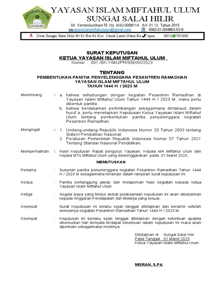 Pembentukan Panitia Pesantren Ramadhan 2023 | PDF