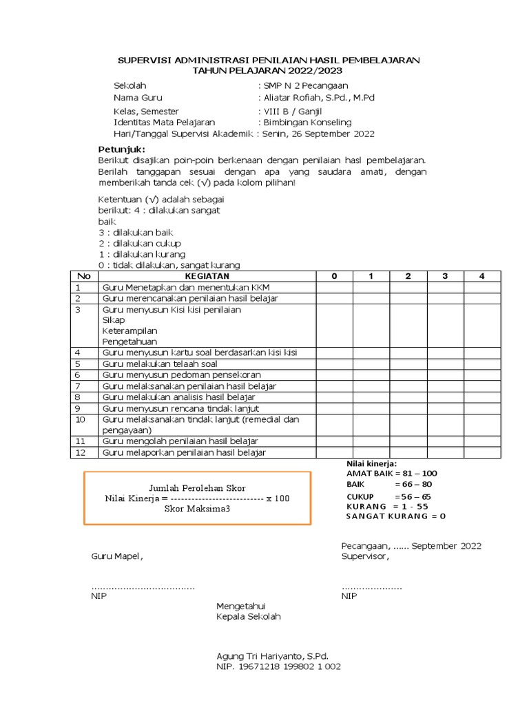 Instrumen Administrasi Penilaian Hasil Pembelajaran | PDF