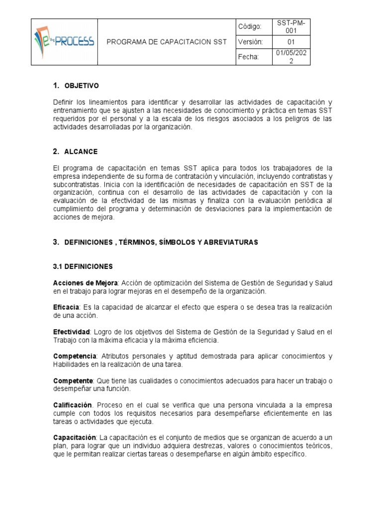 Programa de Capacitacion SST | Descargar gratis PDF | Creación de capacidad | Riesgo