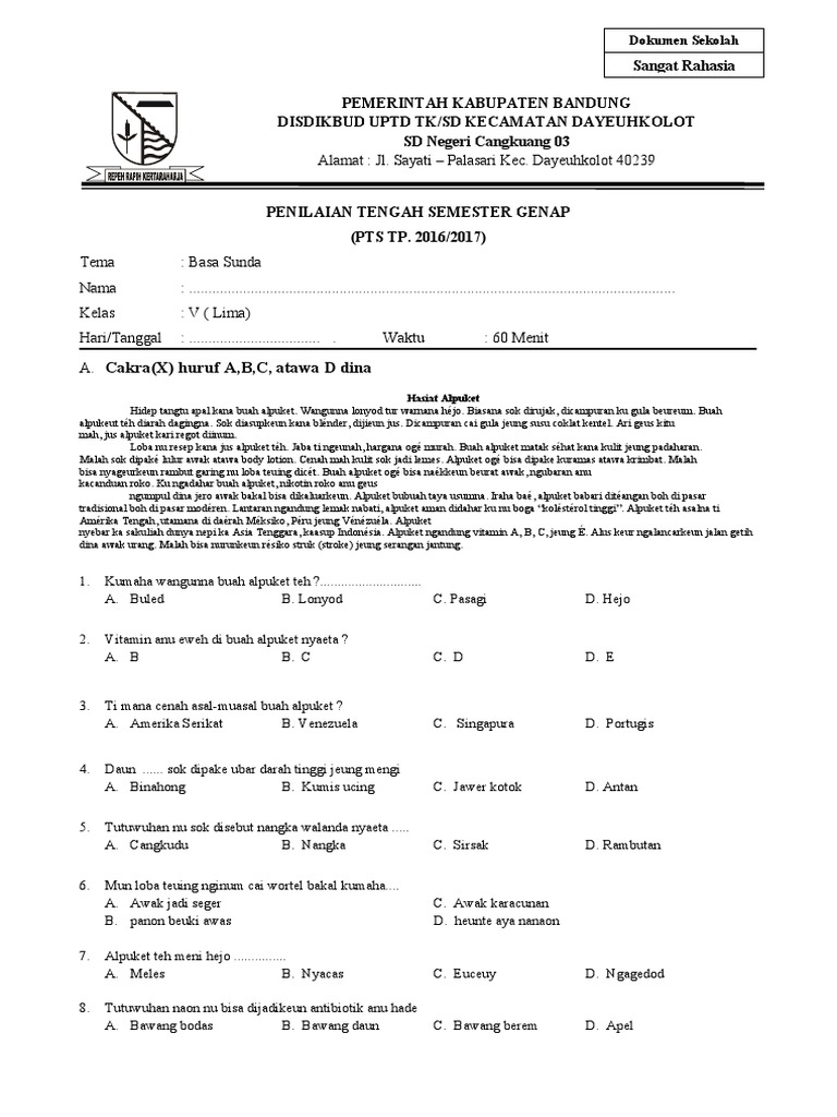 UTS KLS 5 Basa Sunda Semester Genap | PDF