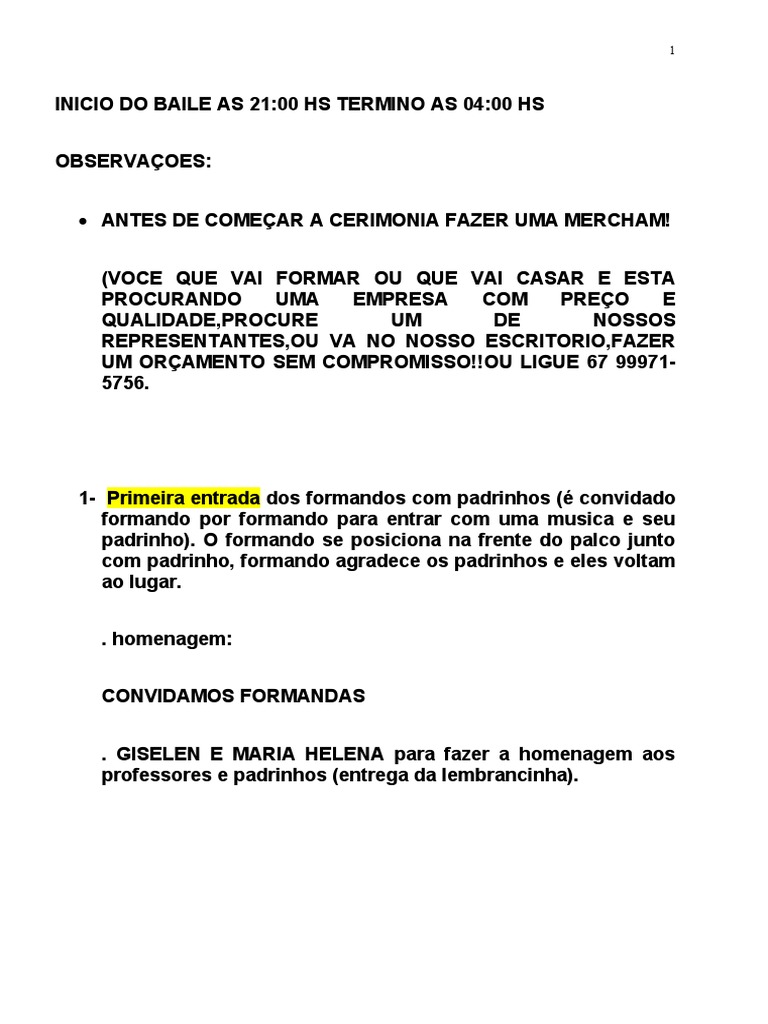 Roteiro detalhado para o baile de formatura de quatro cursos superiores | PDF