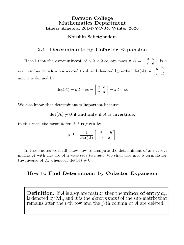 Determinants by Cofactor Expansion: A Study of Computing Determinants Through Cofactor Expansion ...