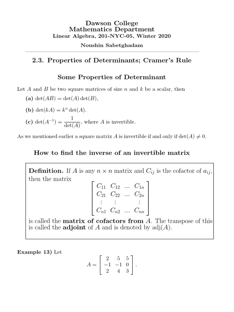2.3 Properties of Determinants Cramers | PDF | Matrix (Mathematics ...