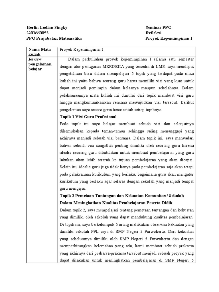 Jurnal Refleksi Proyek Kepemimpinan I | PDF