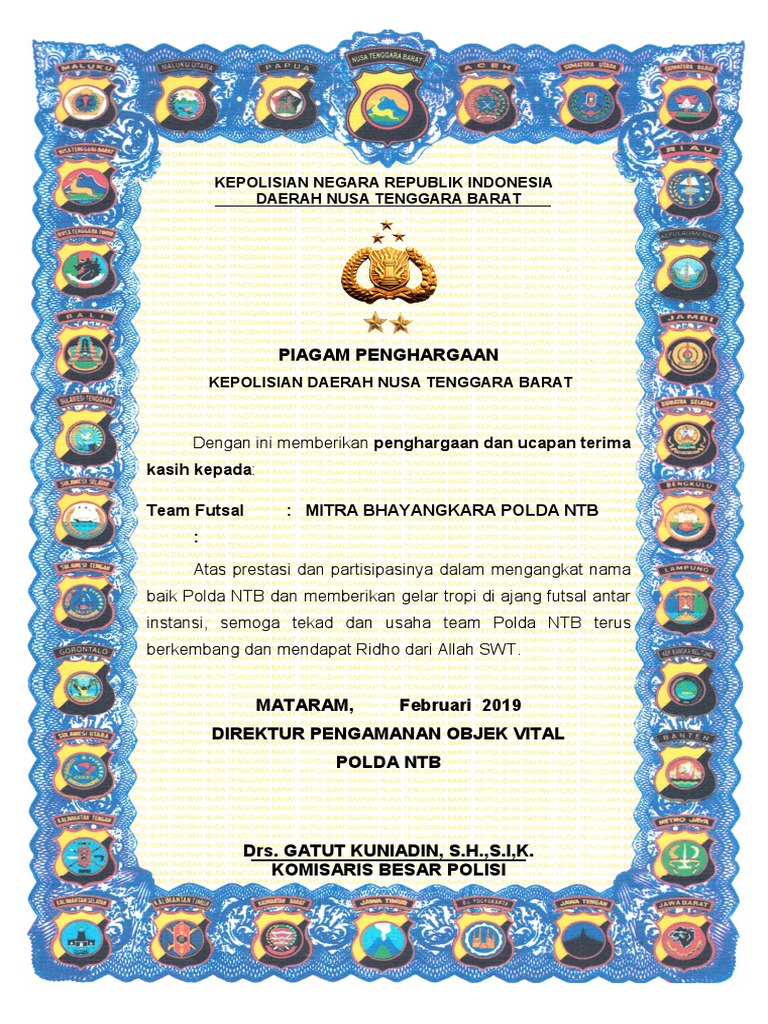 Piagam Penghargaan Futsal Polda NTB | PDF