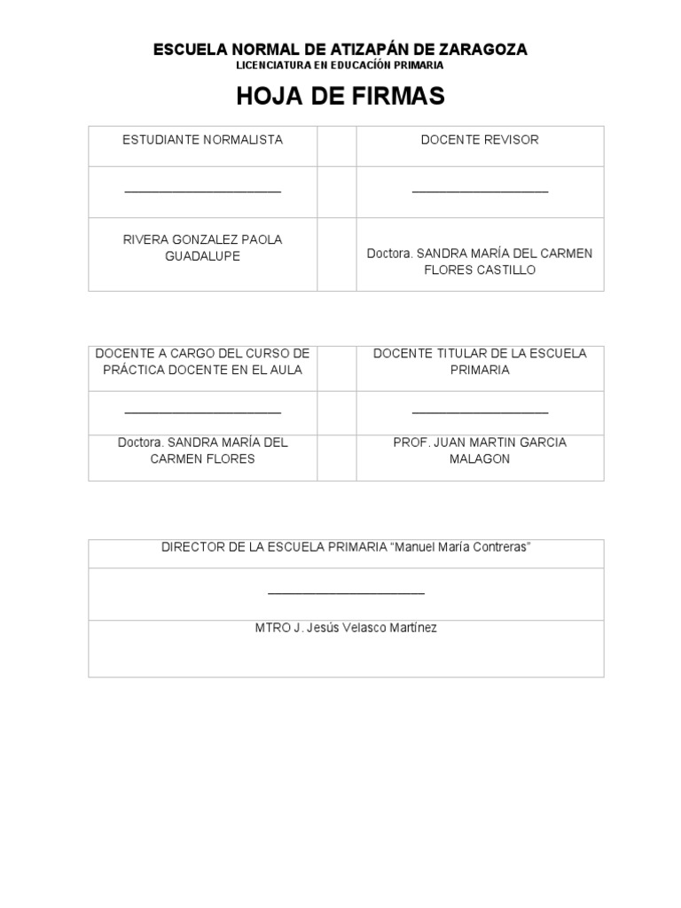 Hoja de Firmas: Escuela Normal de Atizapán de Zaragoza | PDF