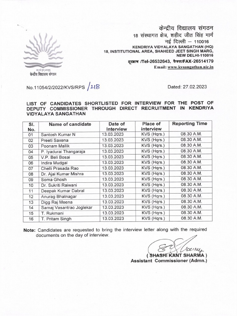 KVS Interview Schedule 2023 Notification Deputy Commissioner PDF | PDF