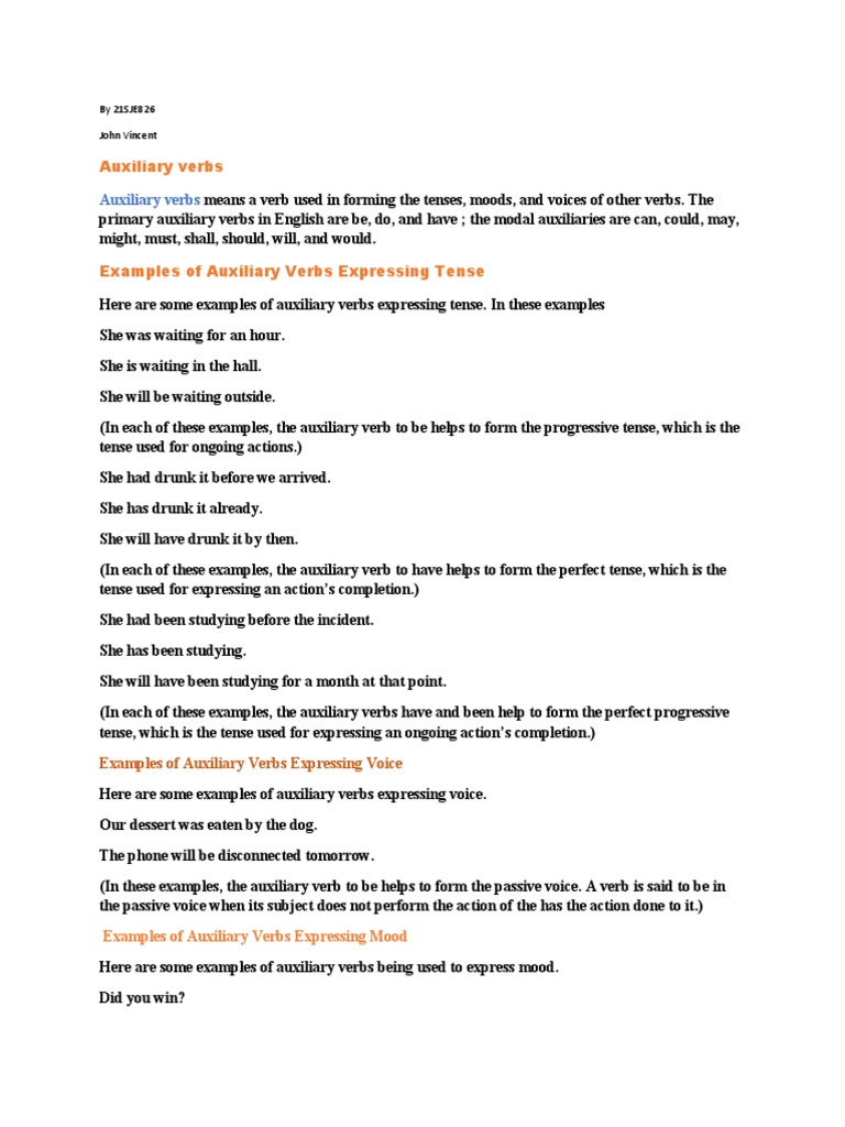 English Auxiliary Verbs Pdf Verb Grammatical Tense