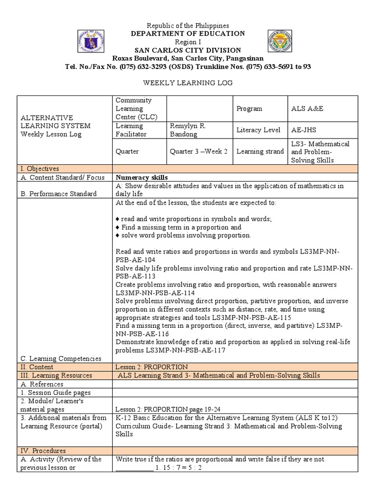 WLL-LS3 Math-Q3w2-M2-L2 - Proportion | PDF | Learning | Ratio