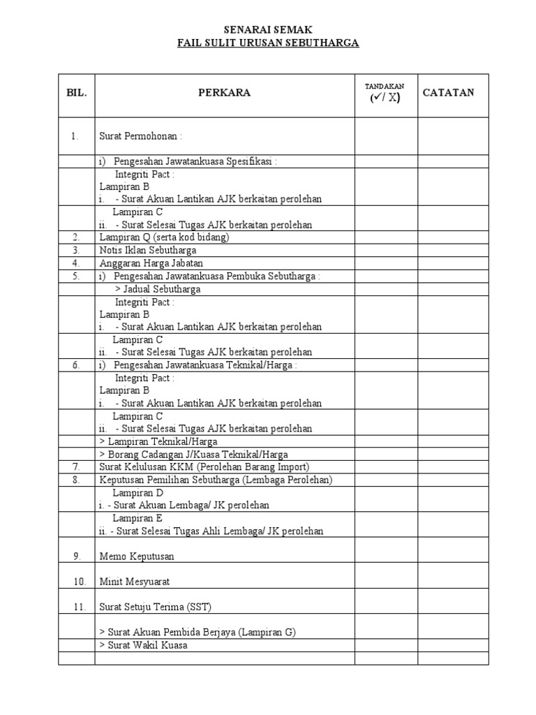 Senarai Semak Fail Sulit Sebutharga | PDF