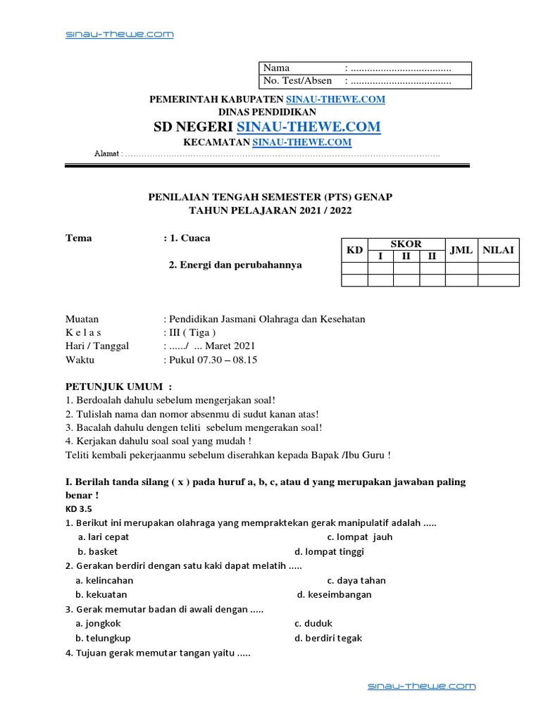 Soal PTS Kelas 3 Semester 2 PJOK Tahun 2022 | PDF