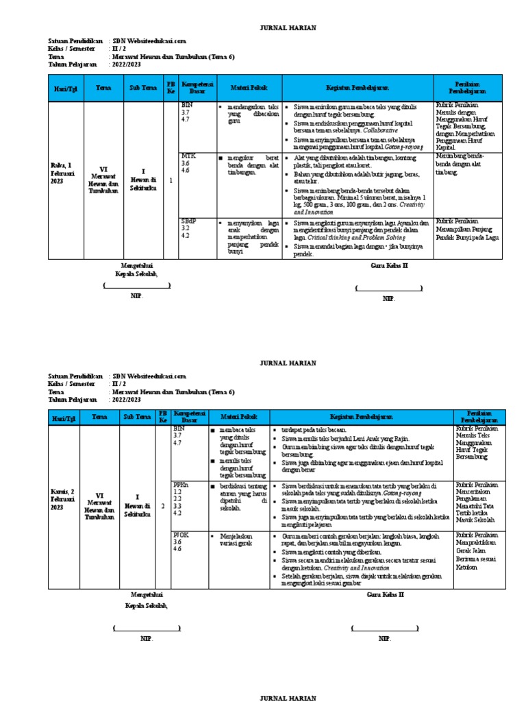 Jurnal Kelas 2 Tema 6 | PDF