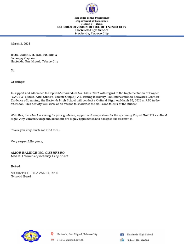 Letter For Brgy Project Sacto | PDF | Pedagogy | Education Theory