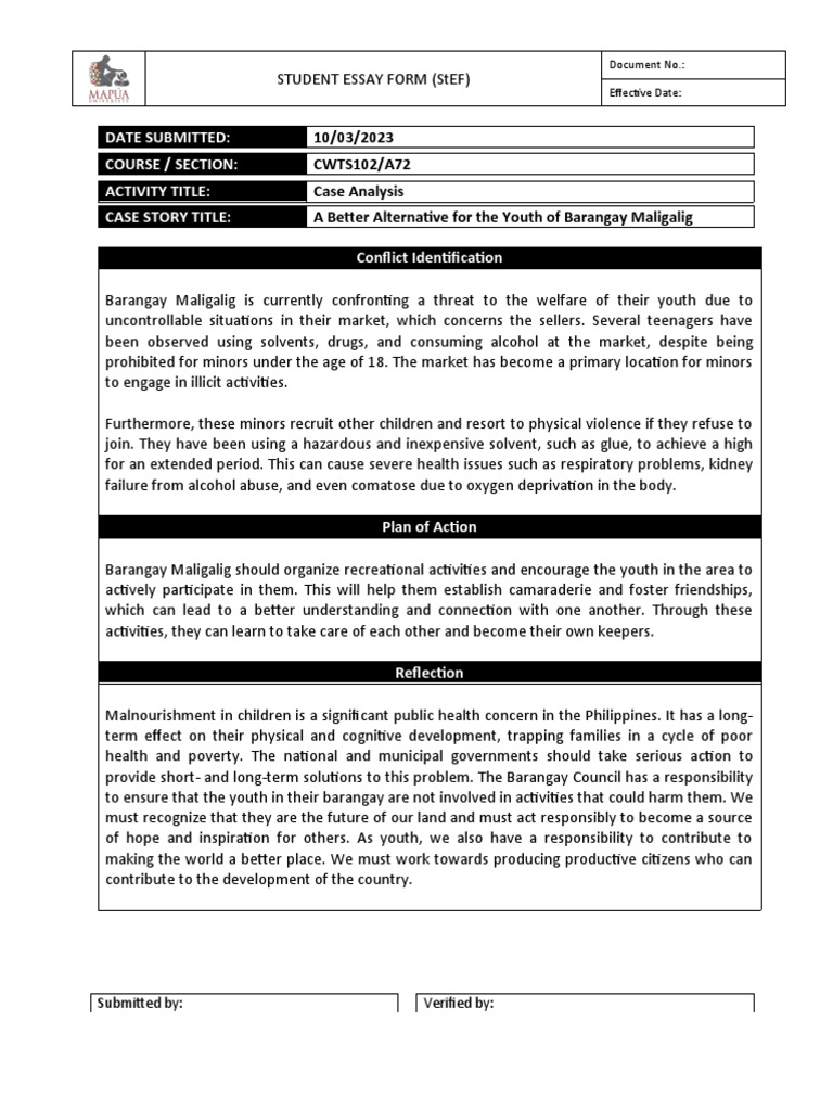 Form - Case Analysis Essay A Better Alternative For The Youth of Barangay Maligalig | PDF ...