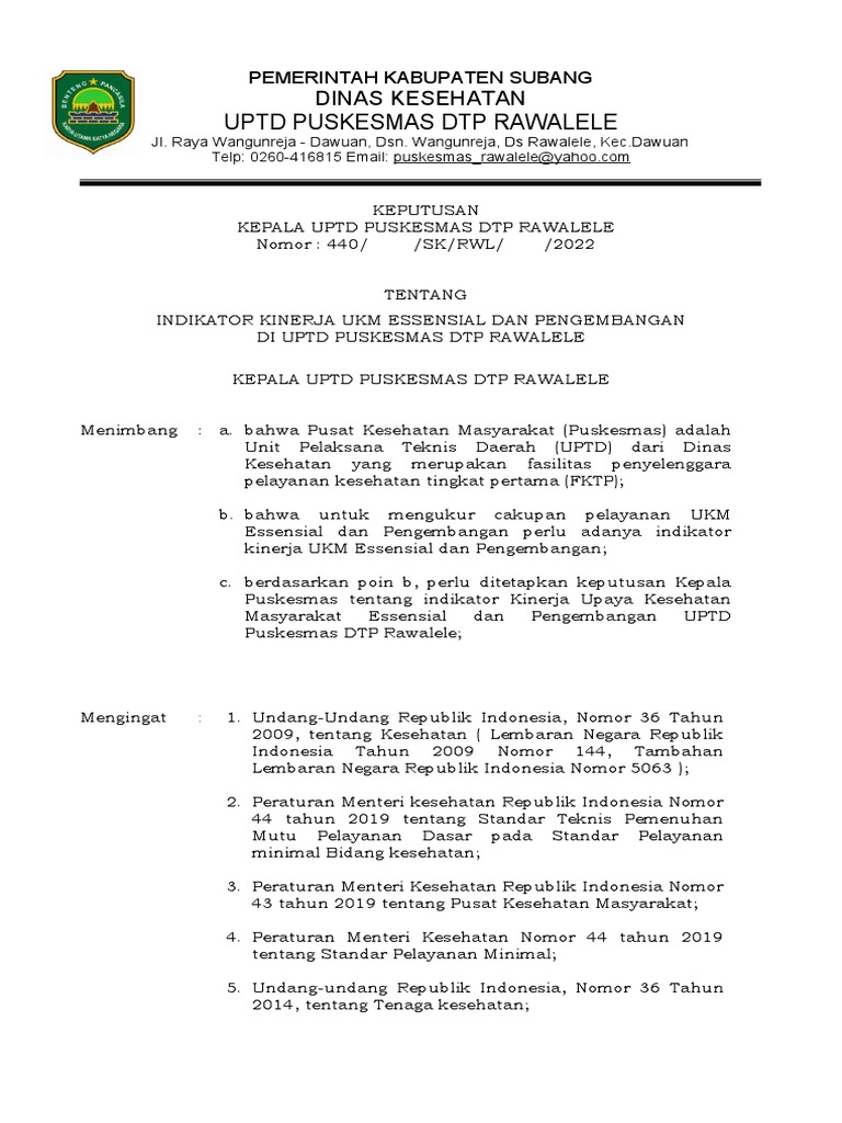 SK Indikator Kinerja Ukm Essensial Dan Pengembangan Program Gizi | PDF