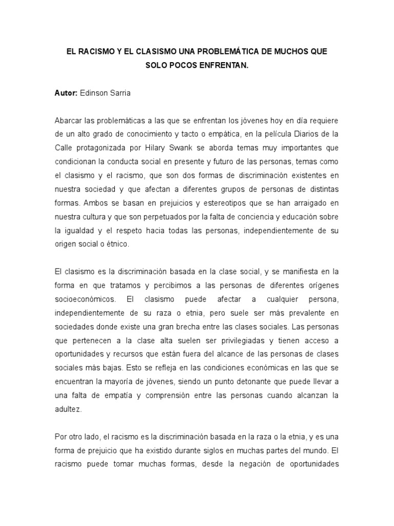 El Racismo y El Clasismo Una Problemática de Muchos Que Solo Pocos Enfrentan | PDF | Racismo ...