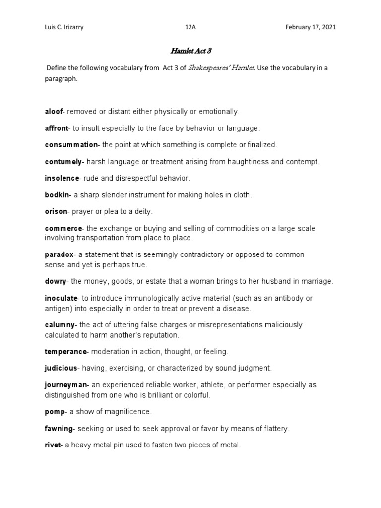 Hamlet Act 3 Vocabulary Sheet PDF | PDF | Defamation | Medical Specialties