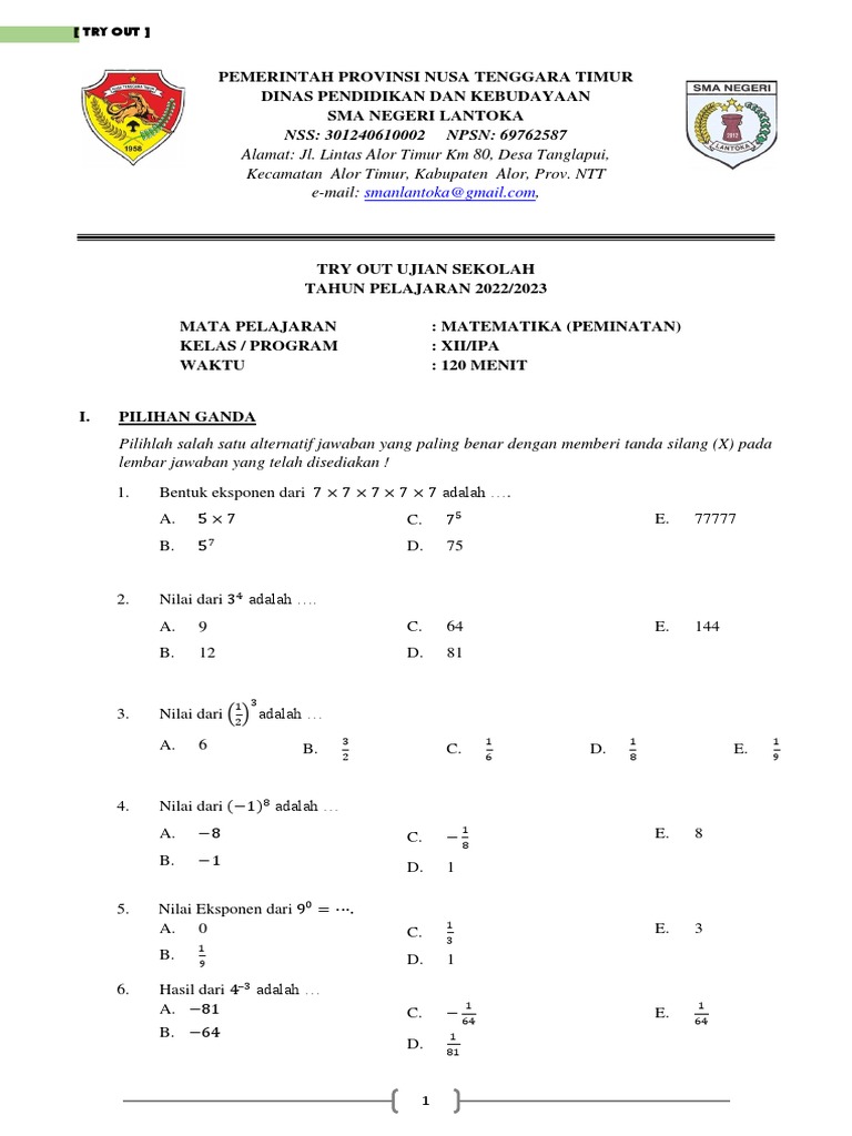 Soal Try Out Mat Minat 2023 | PDF