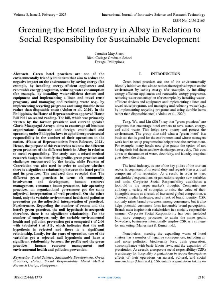 Greening The Hotel Industry in Albay in Relation To Social ...