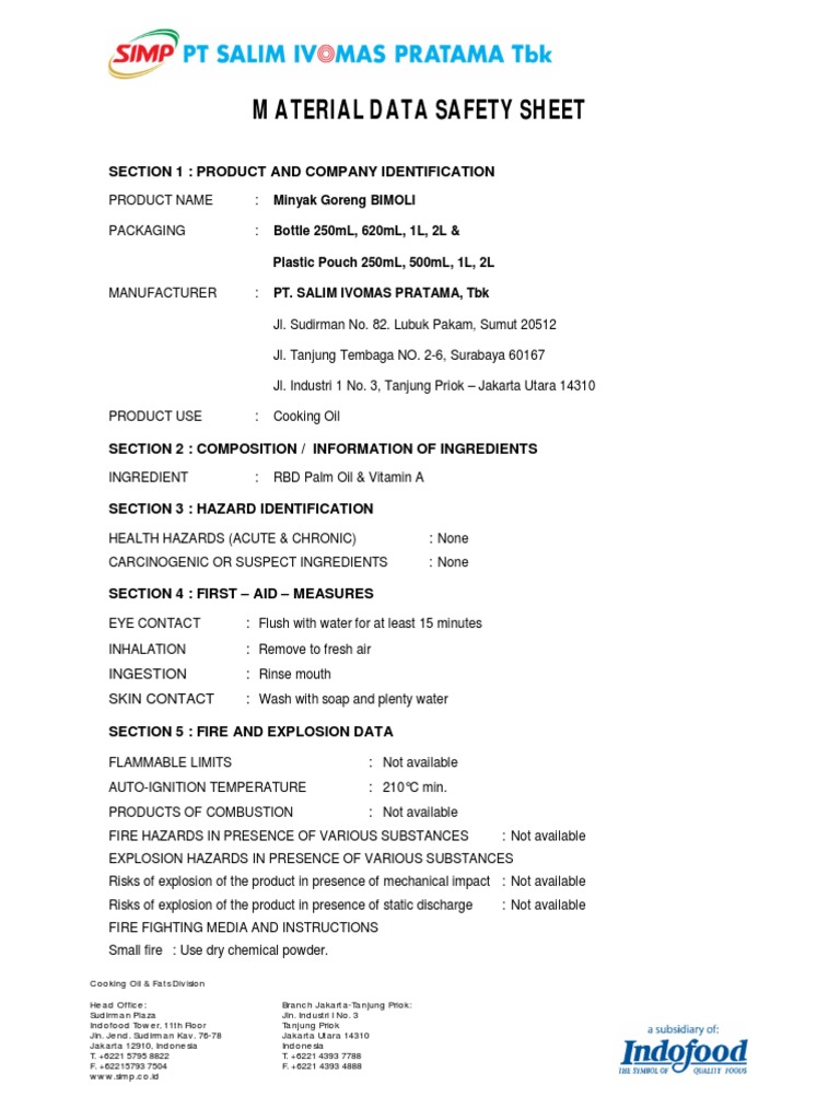 MSDS for Bimoli Cooking Oil | PDF | Waste | Water