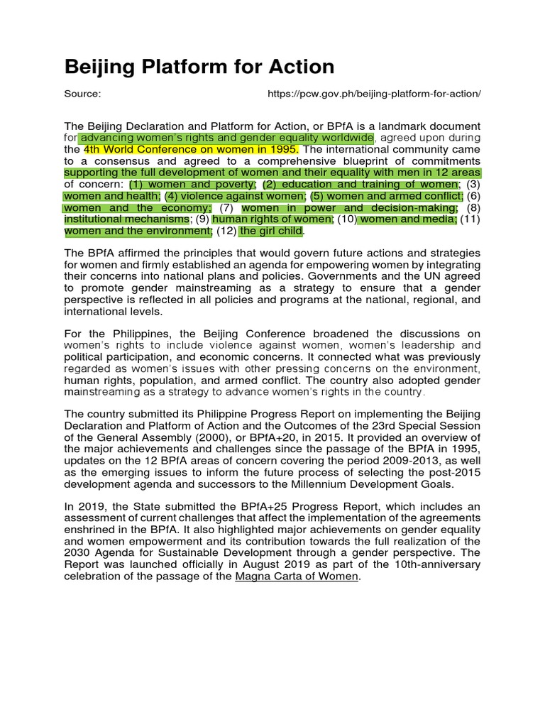 Beijing Platform For Action PDF | PDF | Egalitarianism | Gender Equality Beijing Platform For Action PDF | PDF | Egalitarianism | Gender Equality