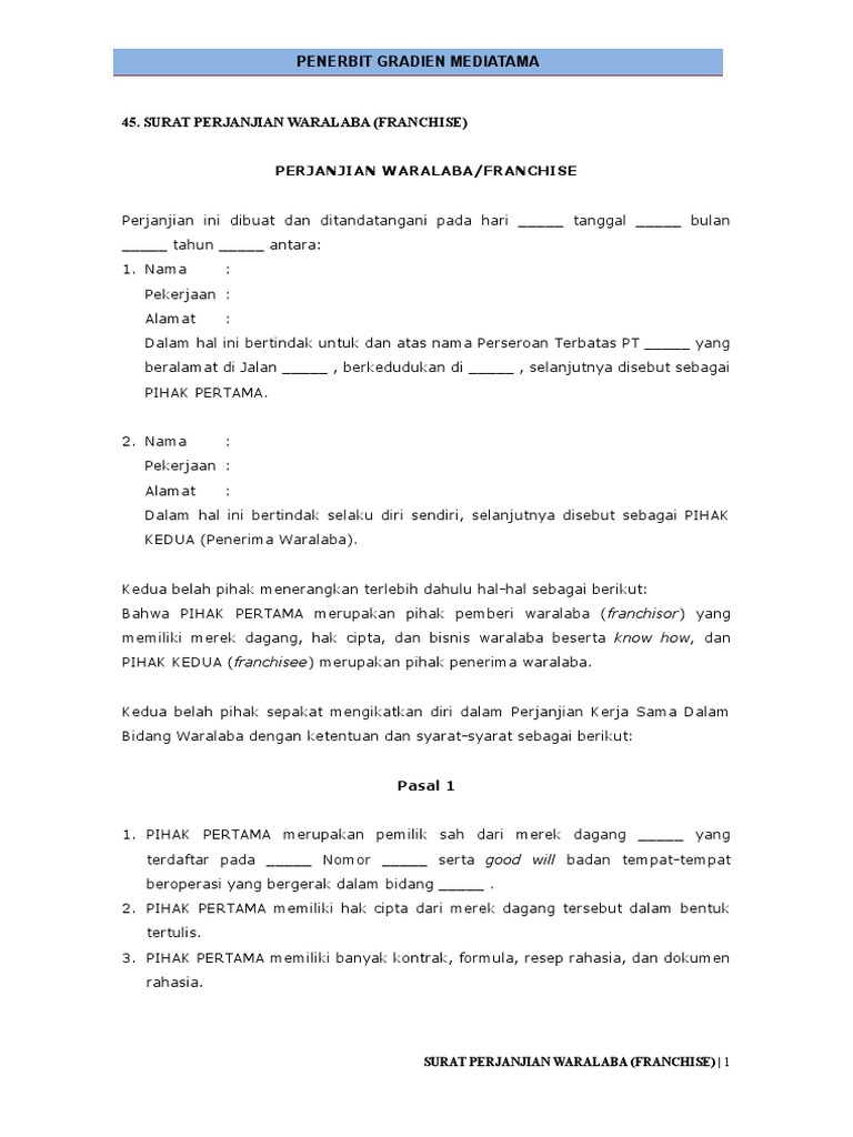 Perjanjian Waralaba Lengkap | PDF | Bisnis