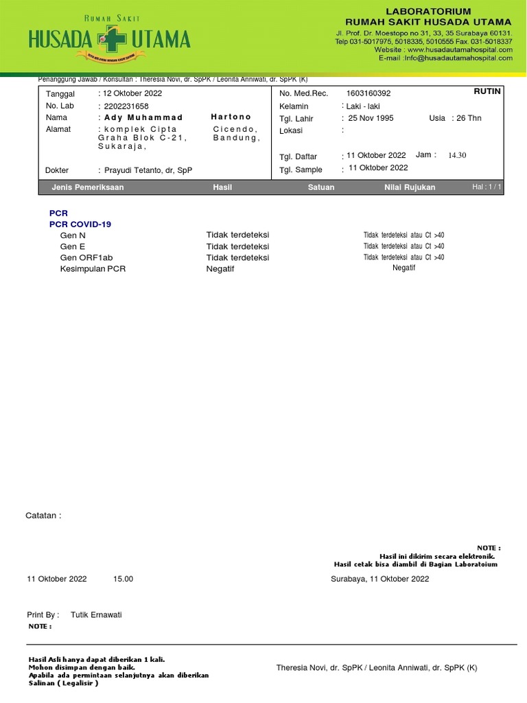 PCR PCR Covid-19: Jenis Pemeriksaan Hasil Satuan Nilai Rujukan | PDF