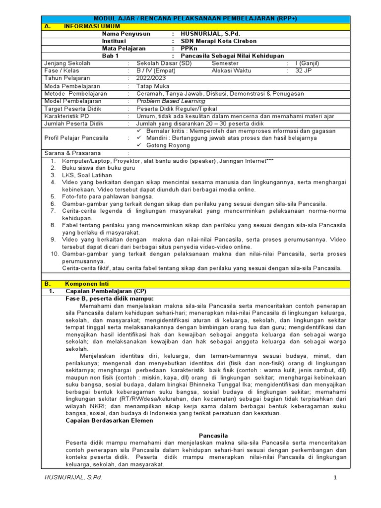 RPP PPKN KLS Iv SMS 1 | PDF