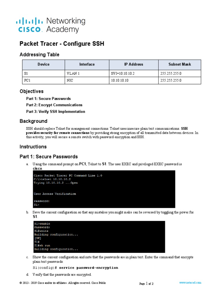 1.3.6 Packet Tracer Configure SSH | PDF | Secure Shell | Password
