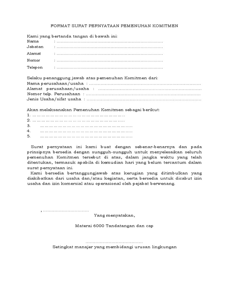 Format Surat Pernyataan Pemenuhan Komitmen | PDF