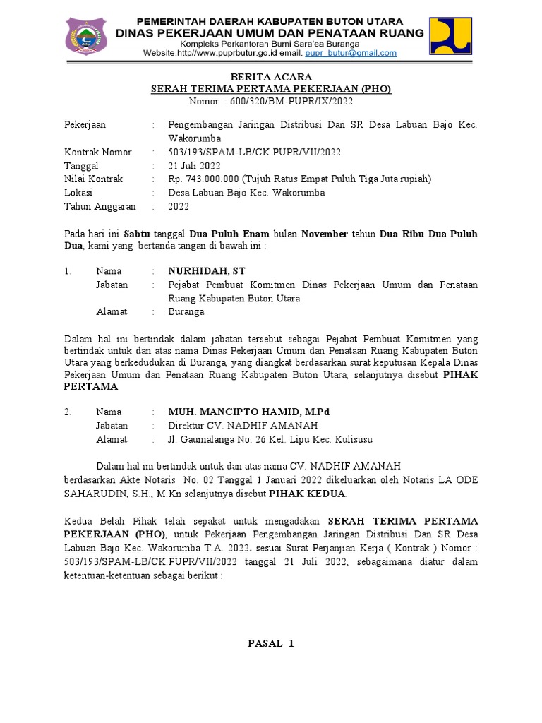 Contoh Serah Terima Pertama (PHO) | PDF