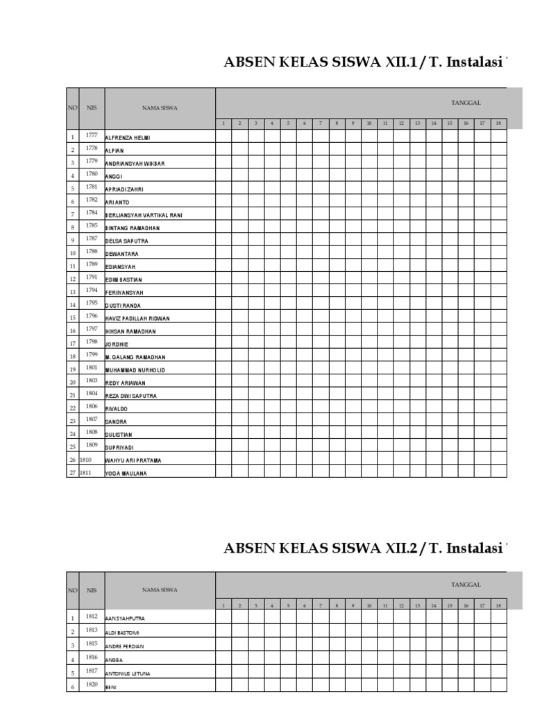 Daftar Absen Siswa Kelas XII-XI-X T.A. 2023 | PDF