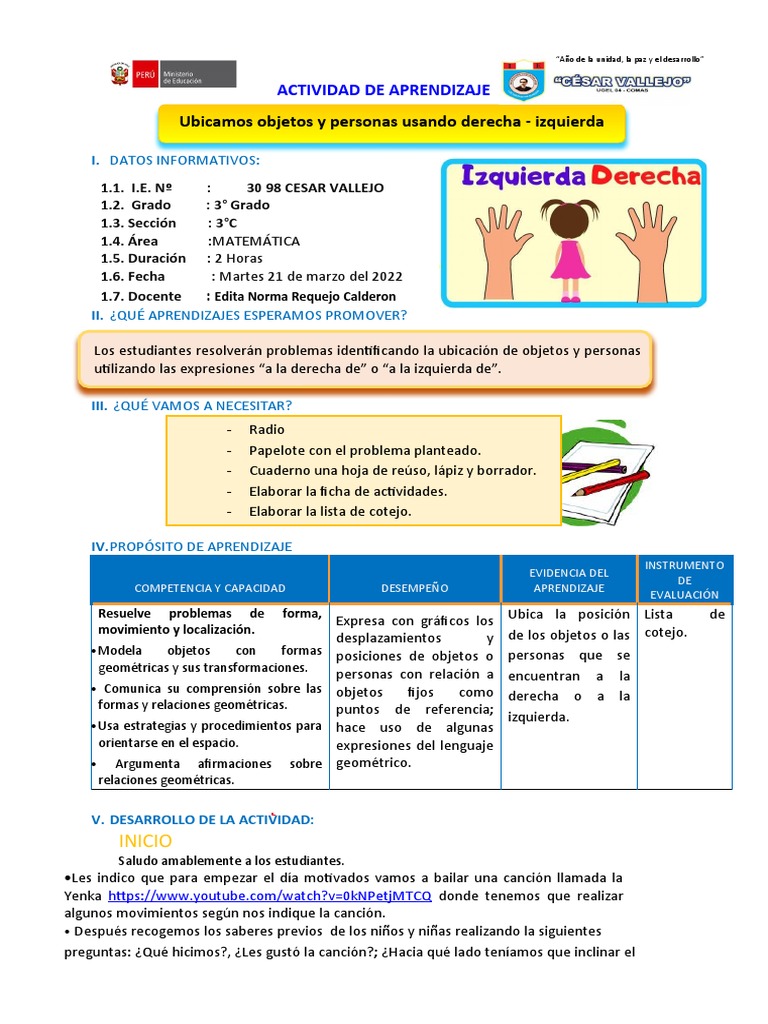 E1 A2 SESION MAT. Ubicamos Objetos y Personas Usando Derecha - Izquierda | PDF | Evaluación