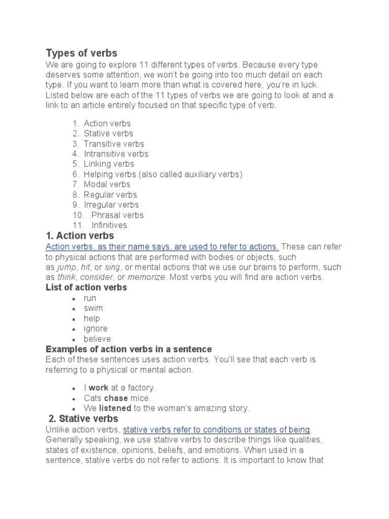 11 Types Of Verbs Pdf Verb Adjective