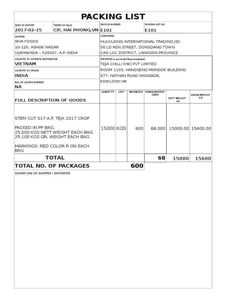 Packing List Sivafoods | PDF